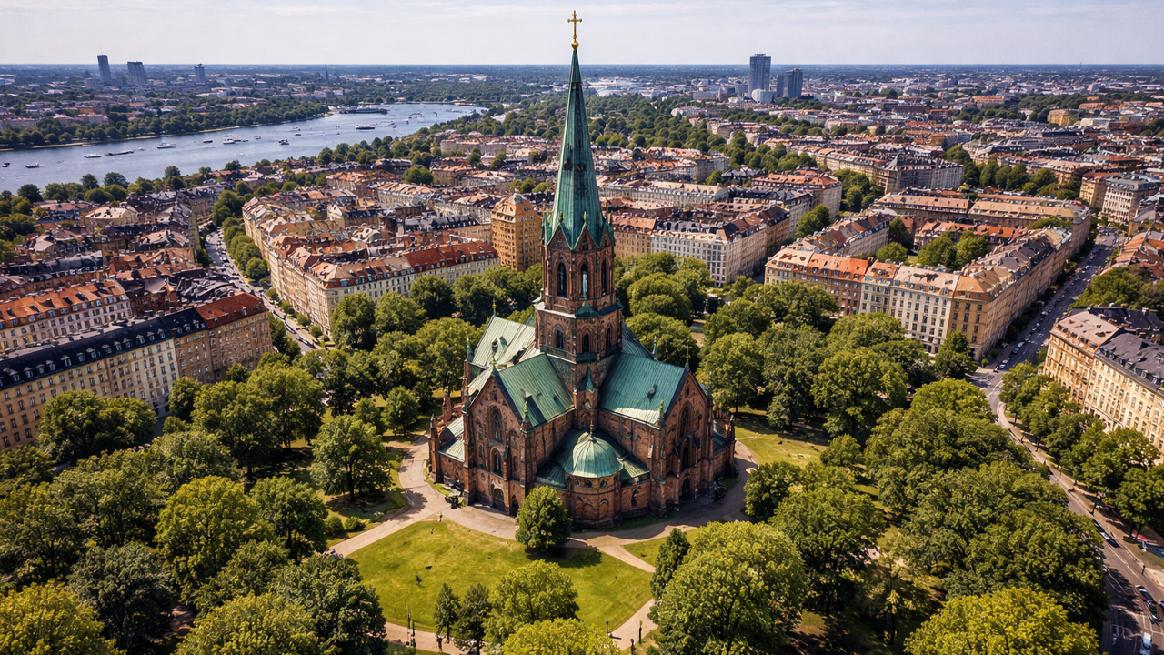 Sophia Church aerial view over Stockholm cityscape
