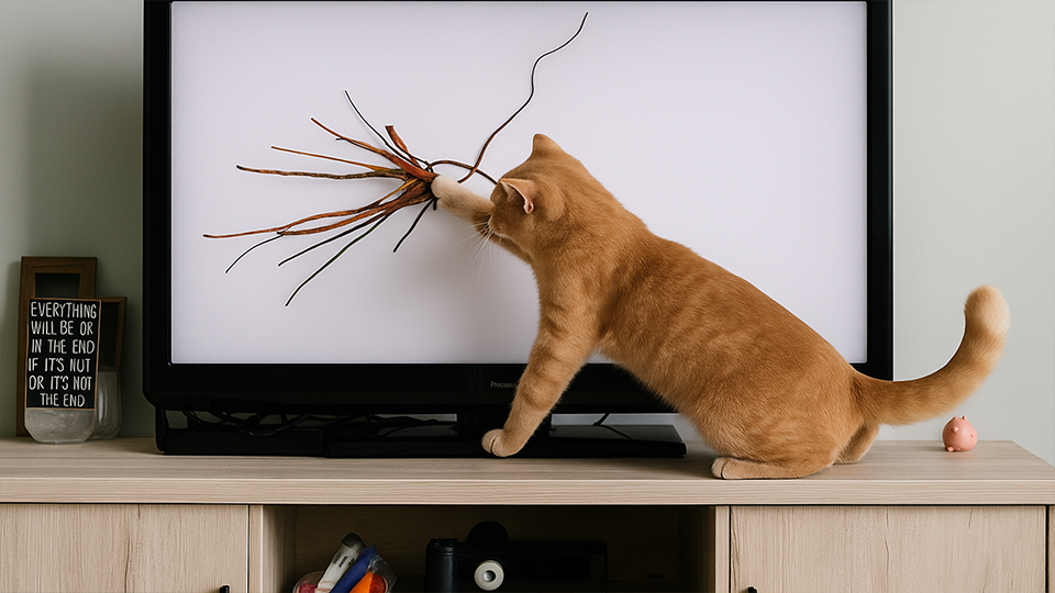 Kat valt de tv aan alsof het echt is