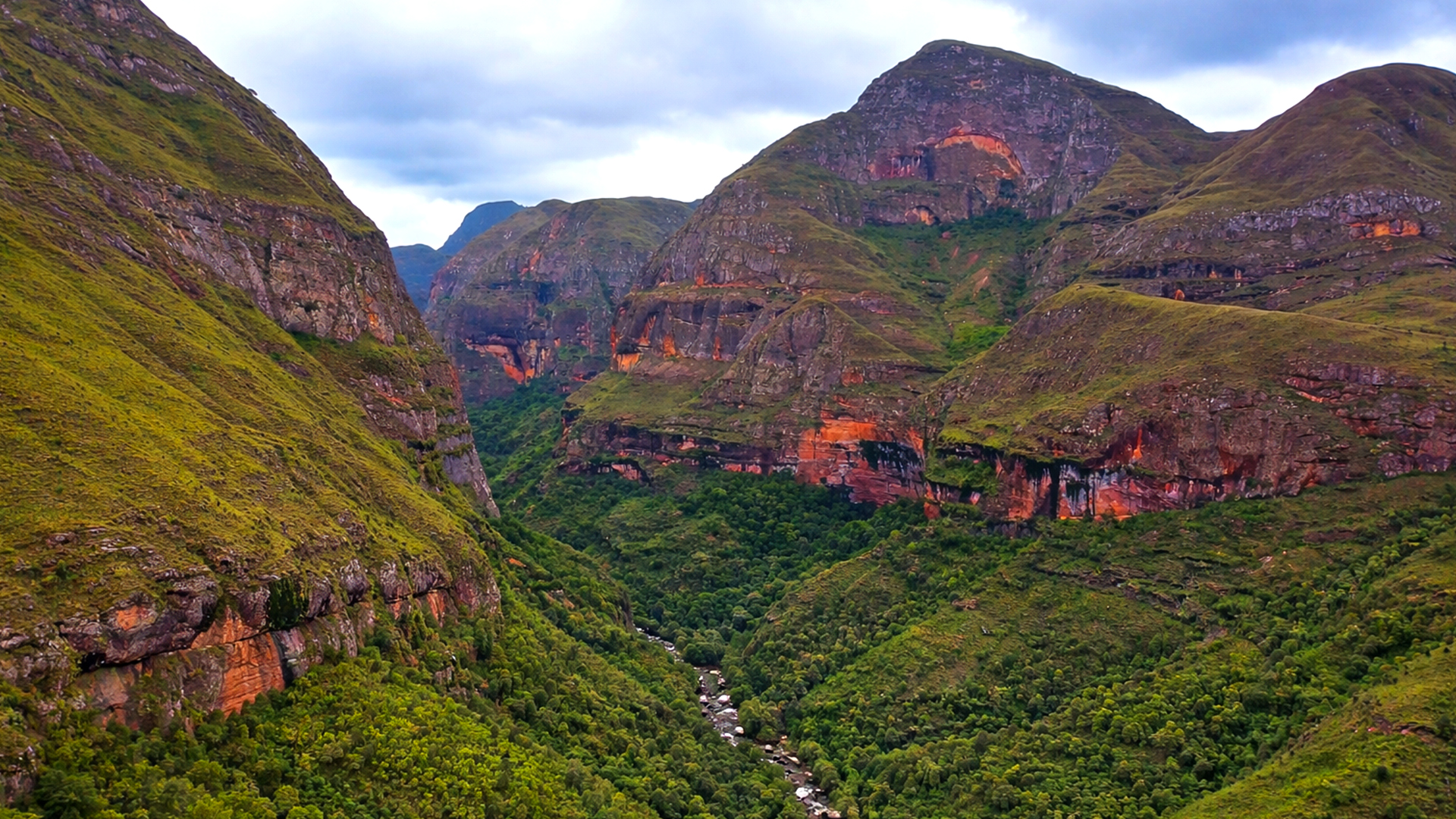 Steep green mountains and exposed rock layers in the Andes