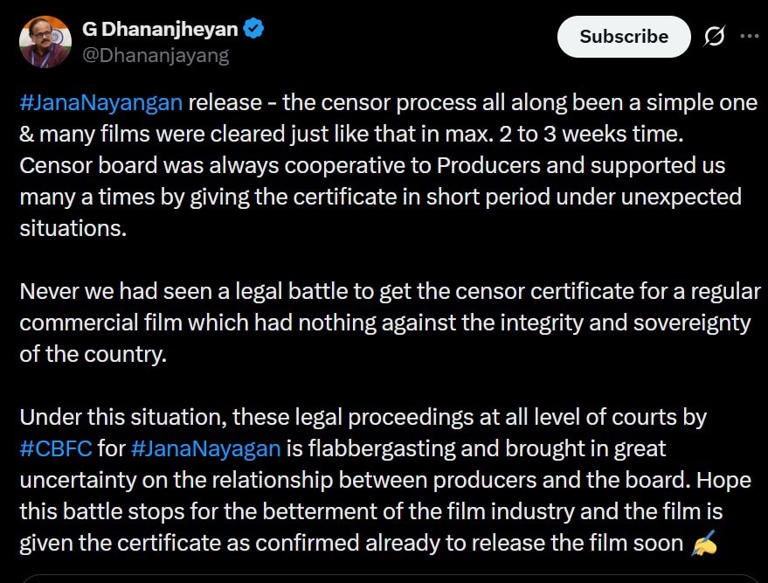 Jana Nayagan censor row: Top Tamil producer calls legal battle ...