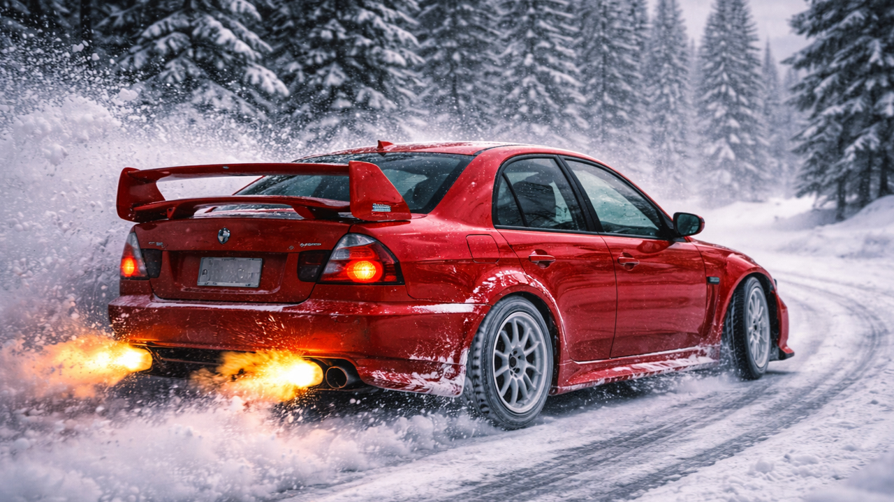 Mitsubishi Evo sliding in snow with loud backfire