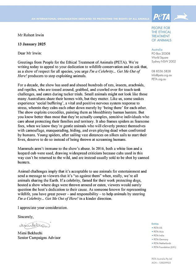 PETA's scathing letter to Robert Irwin ahead of his stint on the ...