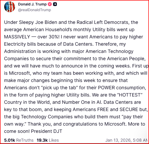 Trump says Microsoft, Big Tech must bear data center power bills, so ...