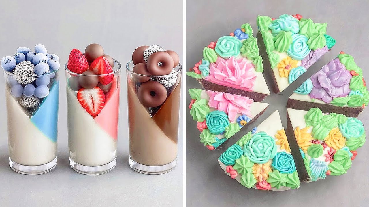 Colorful dessert cups & floral cake slices