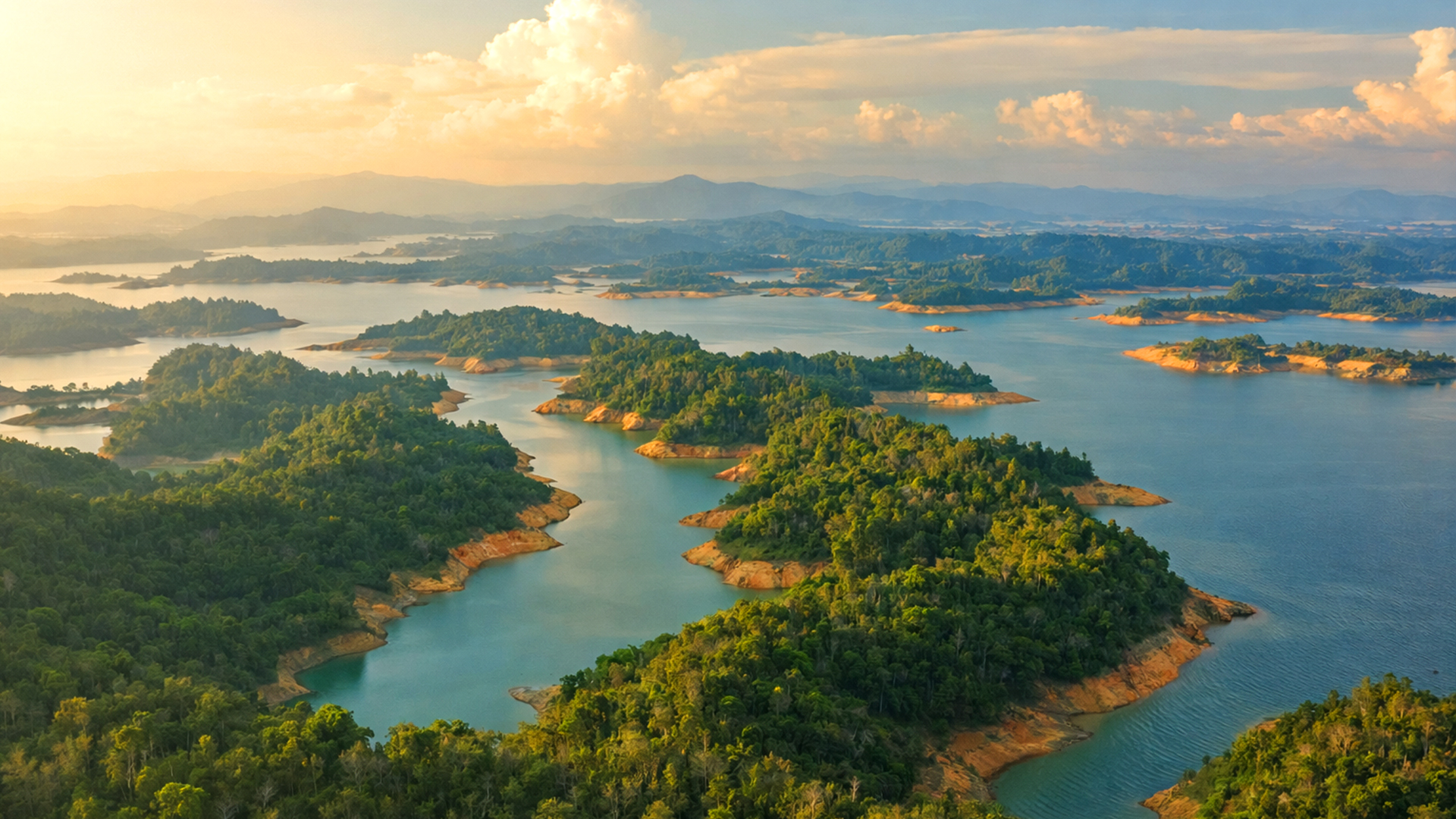 Vistas aéreas del lago Guatapé y sus islas boscosas