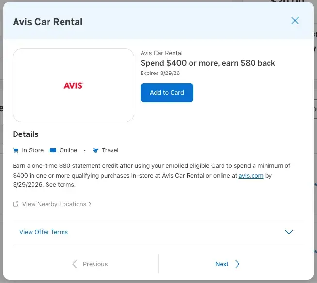 New Amex offer: Save $80 on your next Avis car rental [Targeted]
