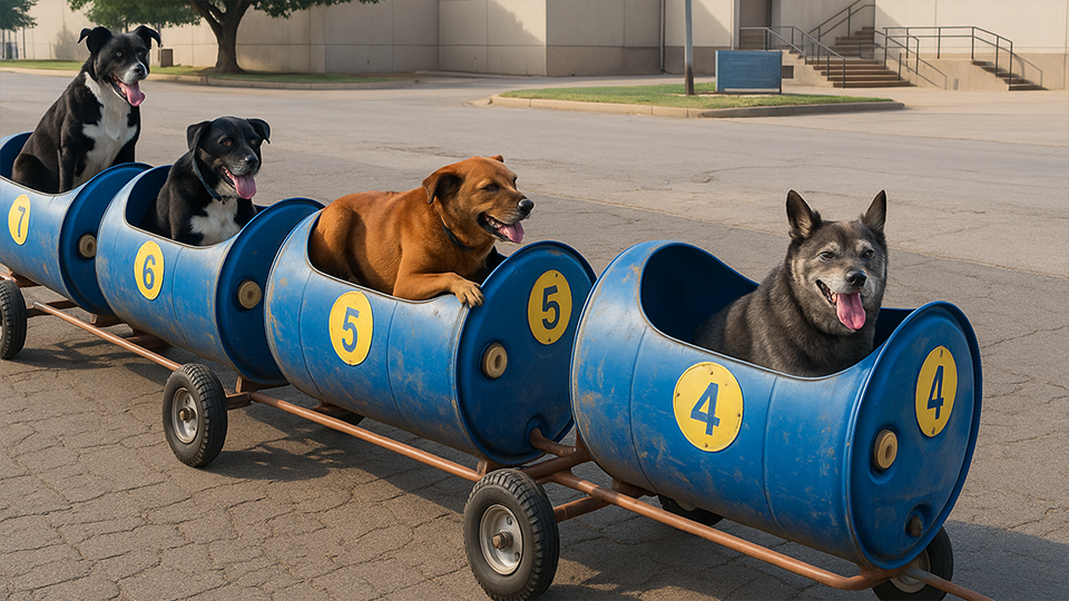 Dogs riding a barrel train together