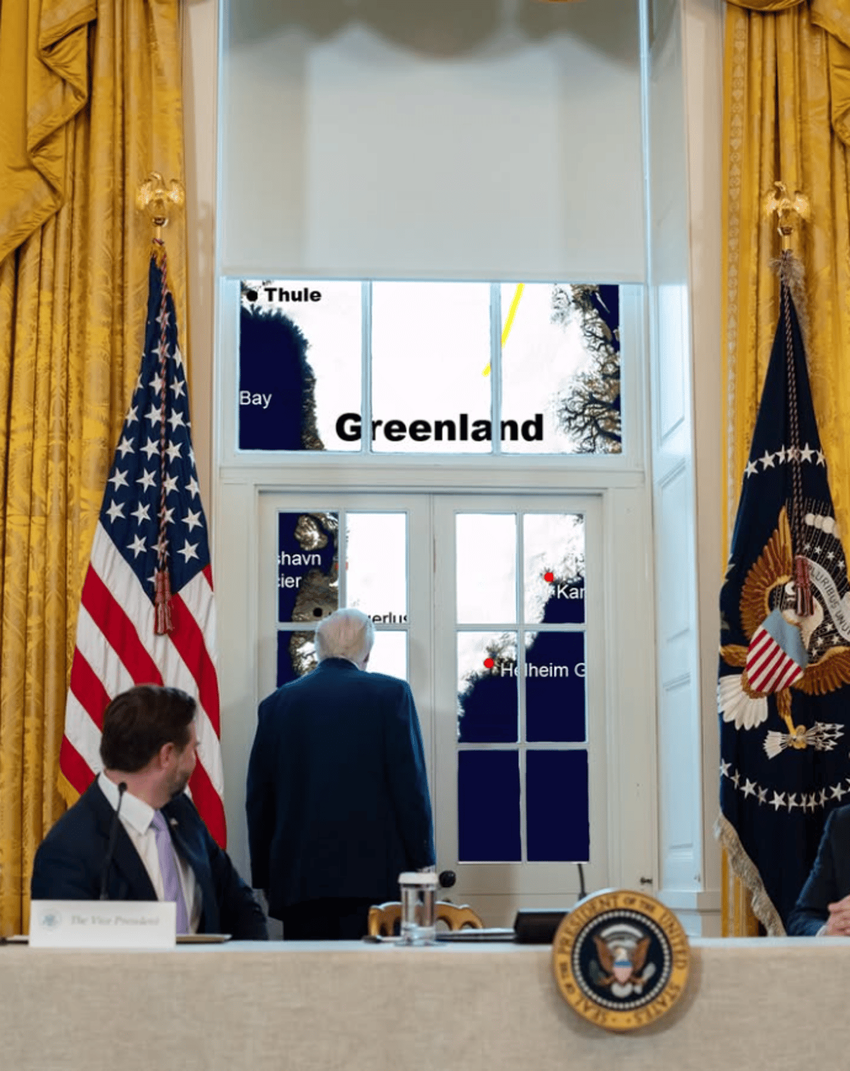 Trump trolls Europe with image staring at Greenland through window