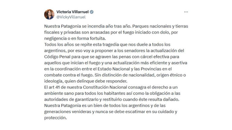 Victoria Villarruel se lamentó porque la Patagonia se incendia año tras ...