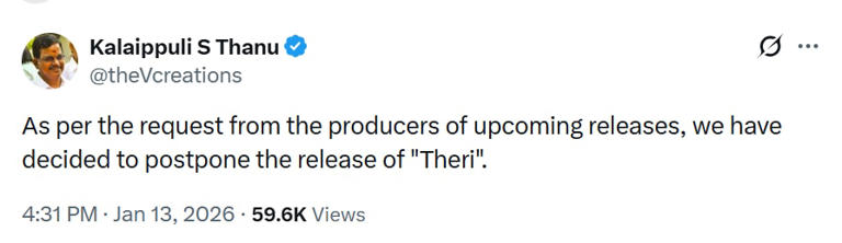 Vijay's Theri re-release postponed amid Jana Nayagan censor row