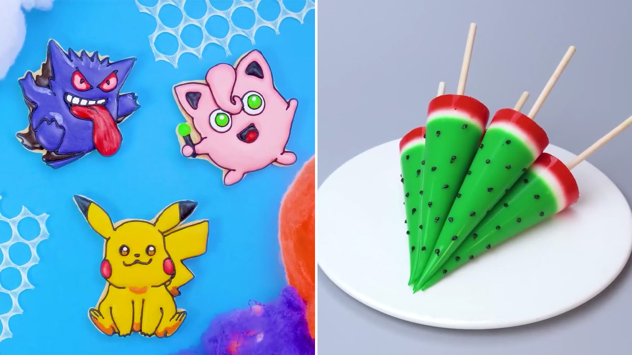 Cartoon character cookies and watermelon popsicles