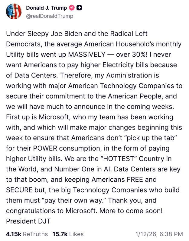 Trump admits his data center push makes energy unaffordable