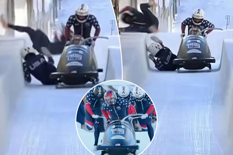 Terrifying moment for US bobsled team as three crash out of cart