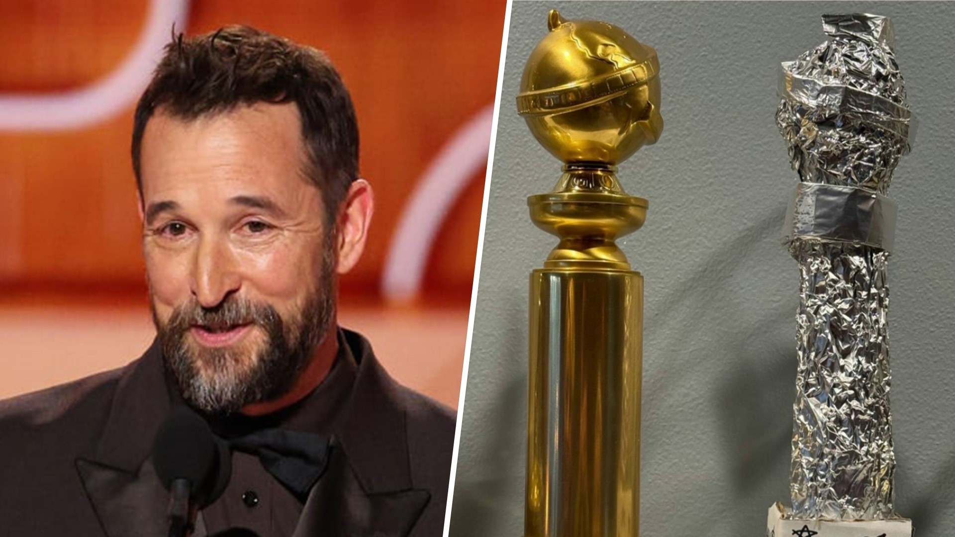 Noah Wyle puts Golden Globe Award next to Best Dad trophy