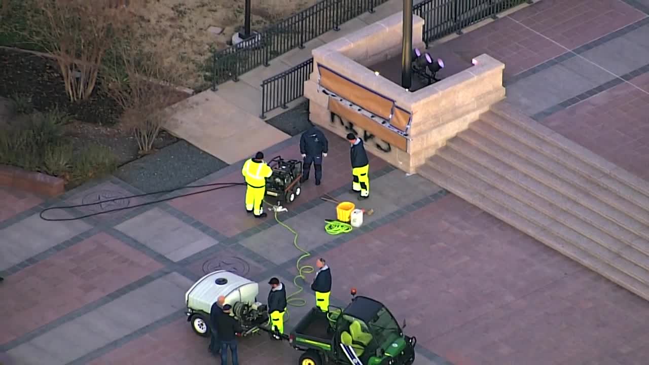 Sky 5 video shows crews cleaning up graffiti at Oklahoma State Capitol