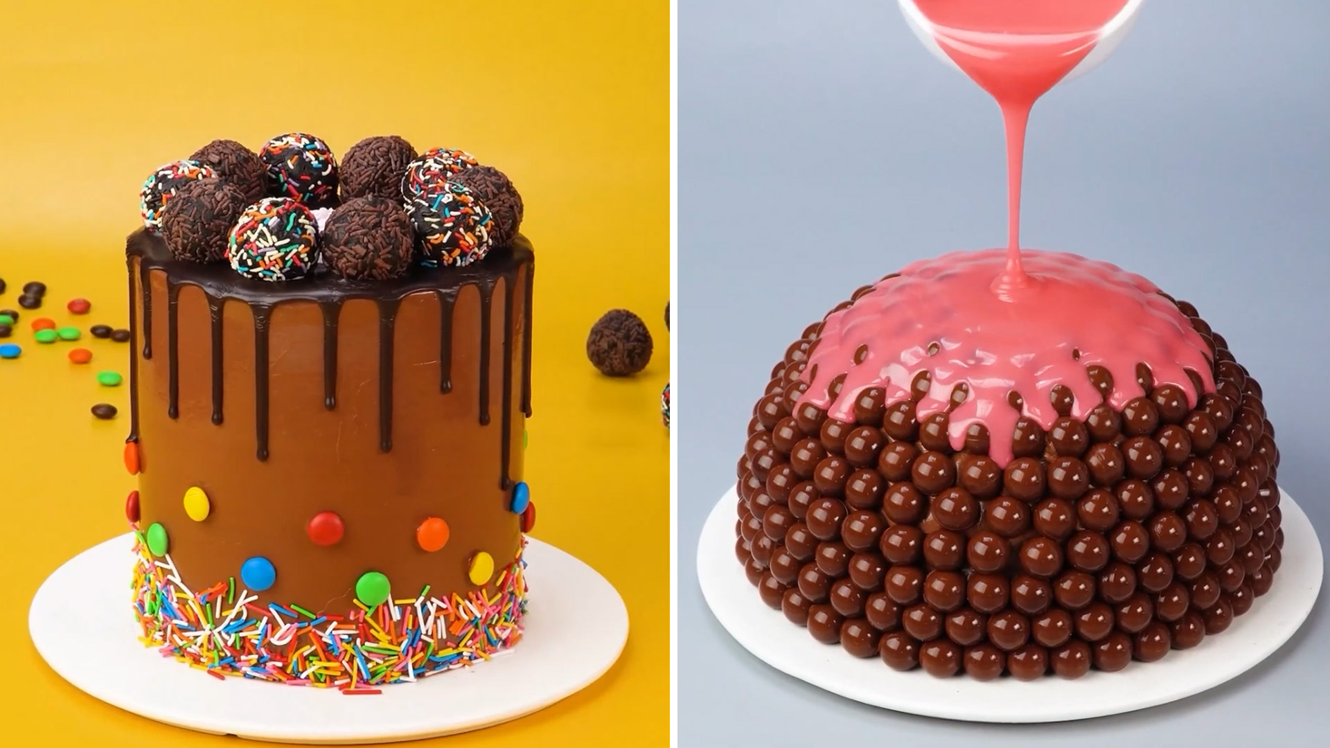 Chocolate drip cake and a pink glaze dome cake