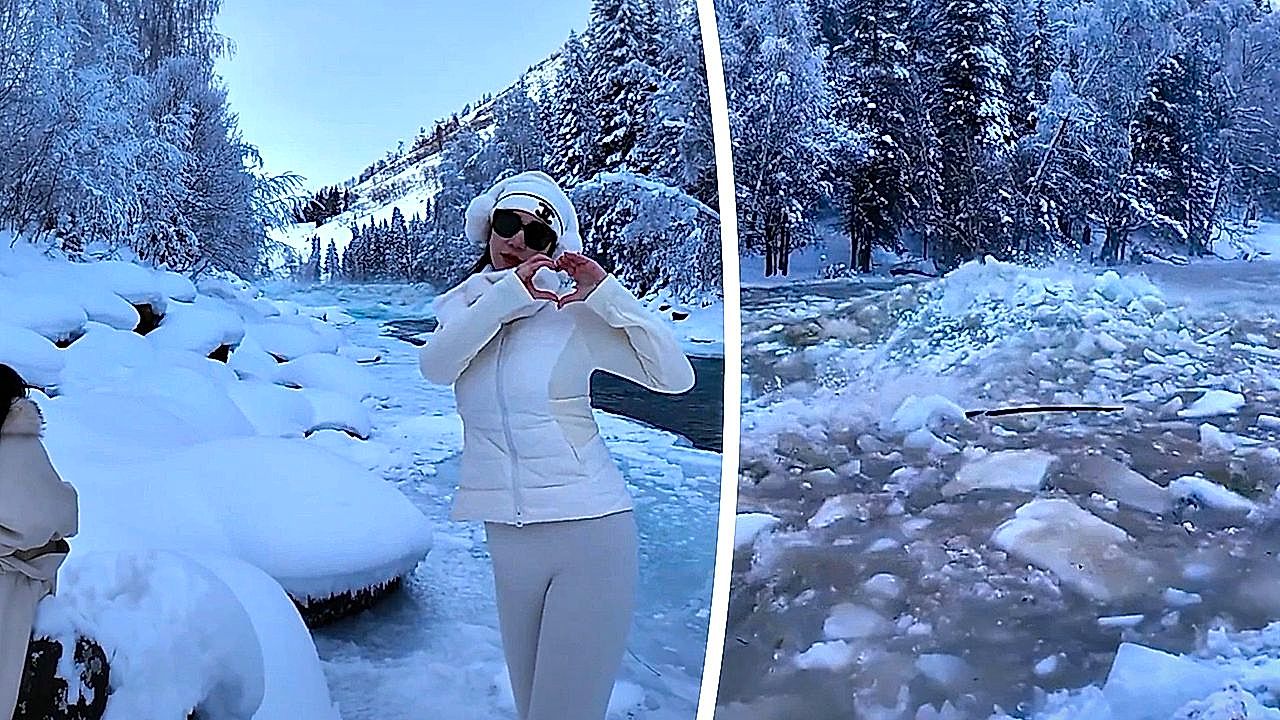 Ice flood surges toward tourist posing for photos in frozen river