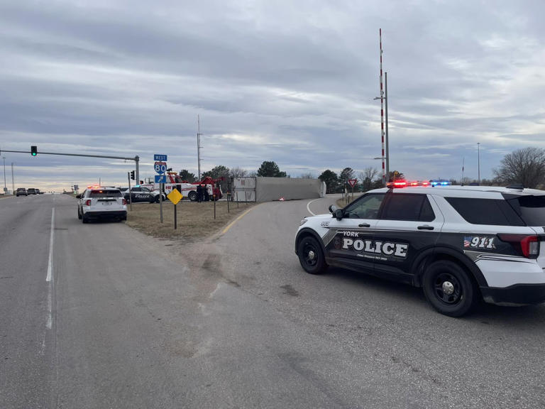 Overturned semi blocks I-80 on-ramp in York