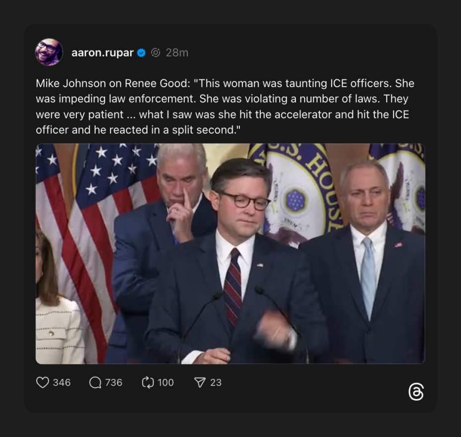 Speaker Johnson blames Renee Good for her own killing as ICE agents ...