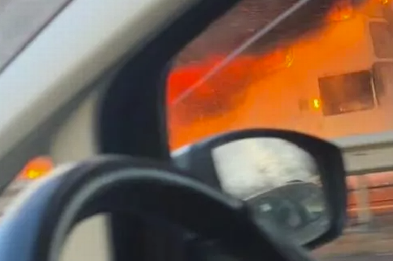 Moment huge fire involving double decker bus breaks out on major Welsh road