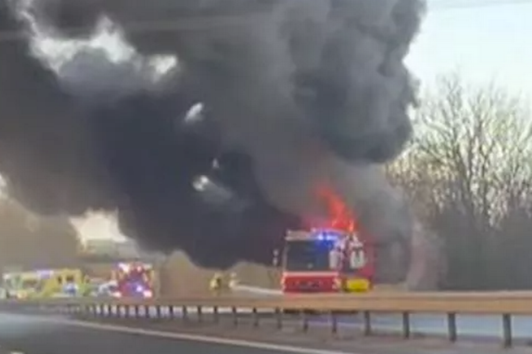 Moment huge fire involving double decker bus breaks out on major Welsh road