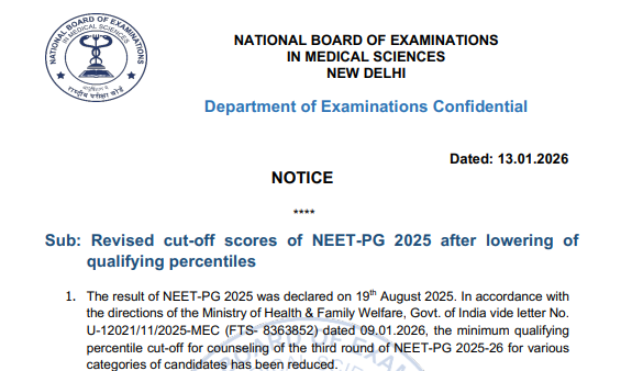 NBEMS releases NEET PG 2025 counselling round 3 revised cutoff scores ...