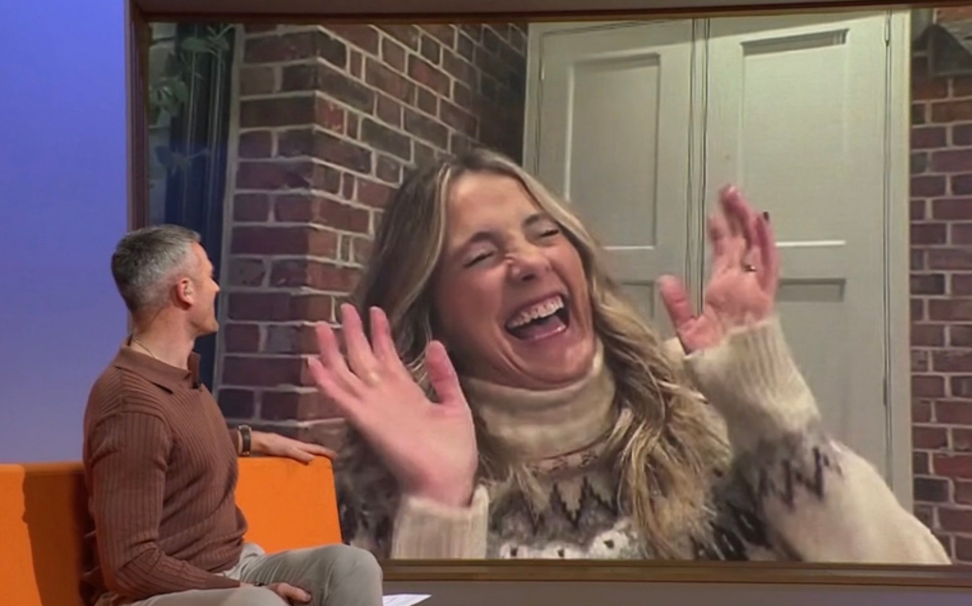 Man scuttling in background of interview is haunting