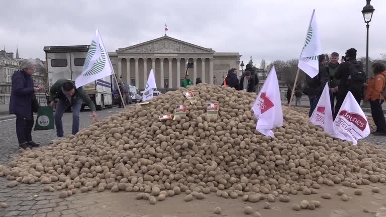 Farmers protesting EU-Mercosur deal dump potatoes on Paris bridge