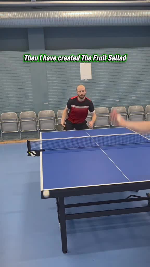 Table tennis fruit salad trick shot with banana and strawberry flicks