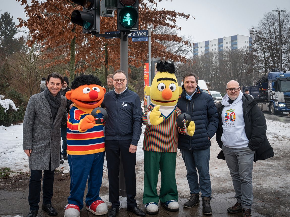 Sesamstraße stars Ernie and Bert adorn traffic lights in Hamburg