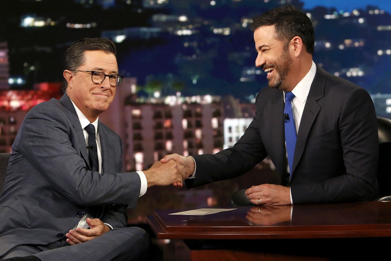 Jimmy Kimmel jokes with Stephen Colbert about what happens when they ...