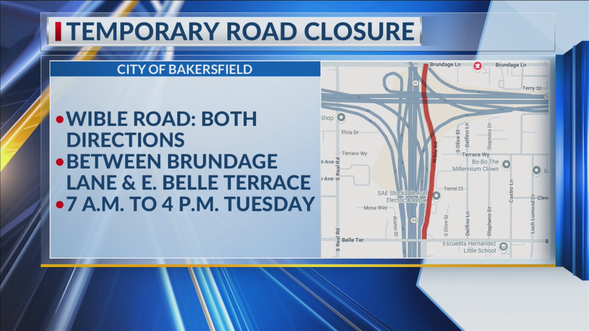 Wible Road to be closed in both directions Tuesday