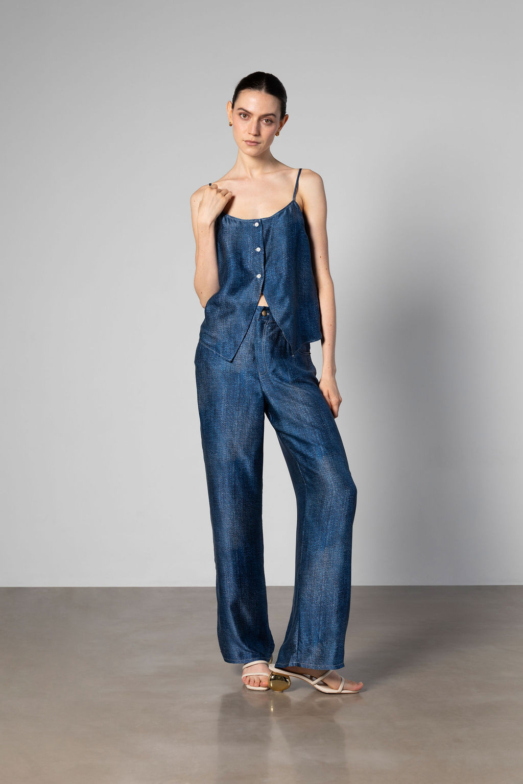 This premium apparel brand creates denim prints on silk