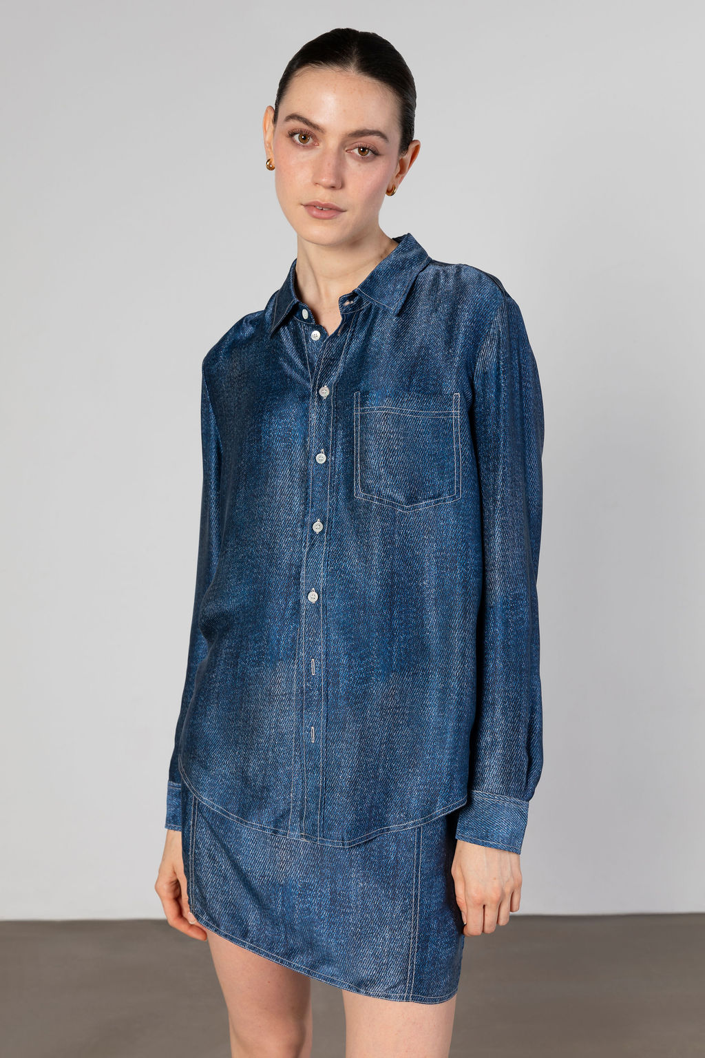 This premium apparel brand creates denim prints on silk