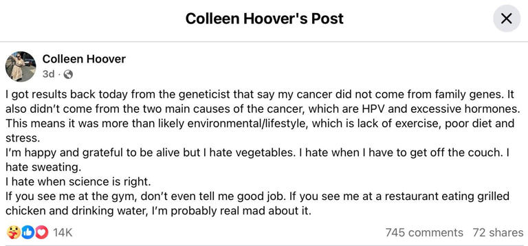 Colleen Hoover has cancer and is opening up about her health journey