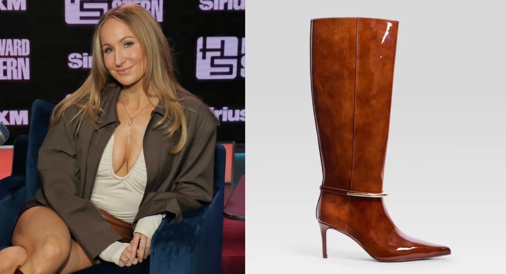 Nikki Glaser goes glossy in Retrofête caramel brown boots to talk ...