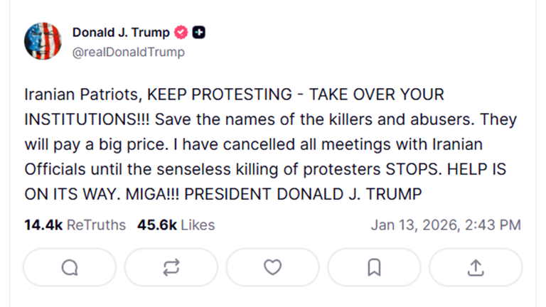 Trump makes Iran pledge as more than 2,000 protesters reported killed