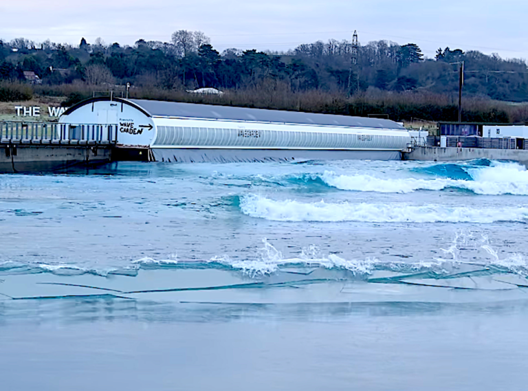 Frozen waves crackle through UK surf park (video)