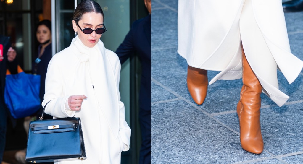 Emilia Clarke brings a pop of color to winter whites with camel Saint ...