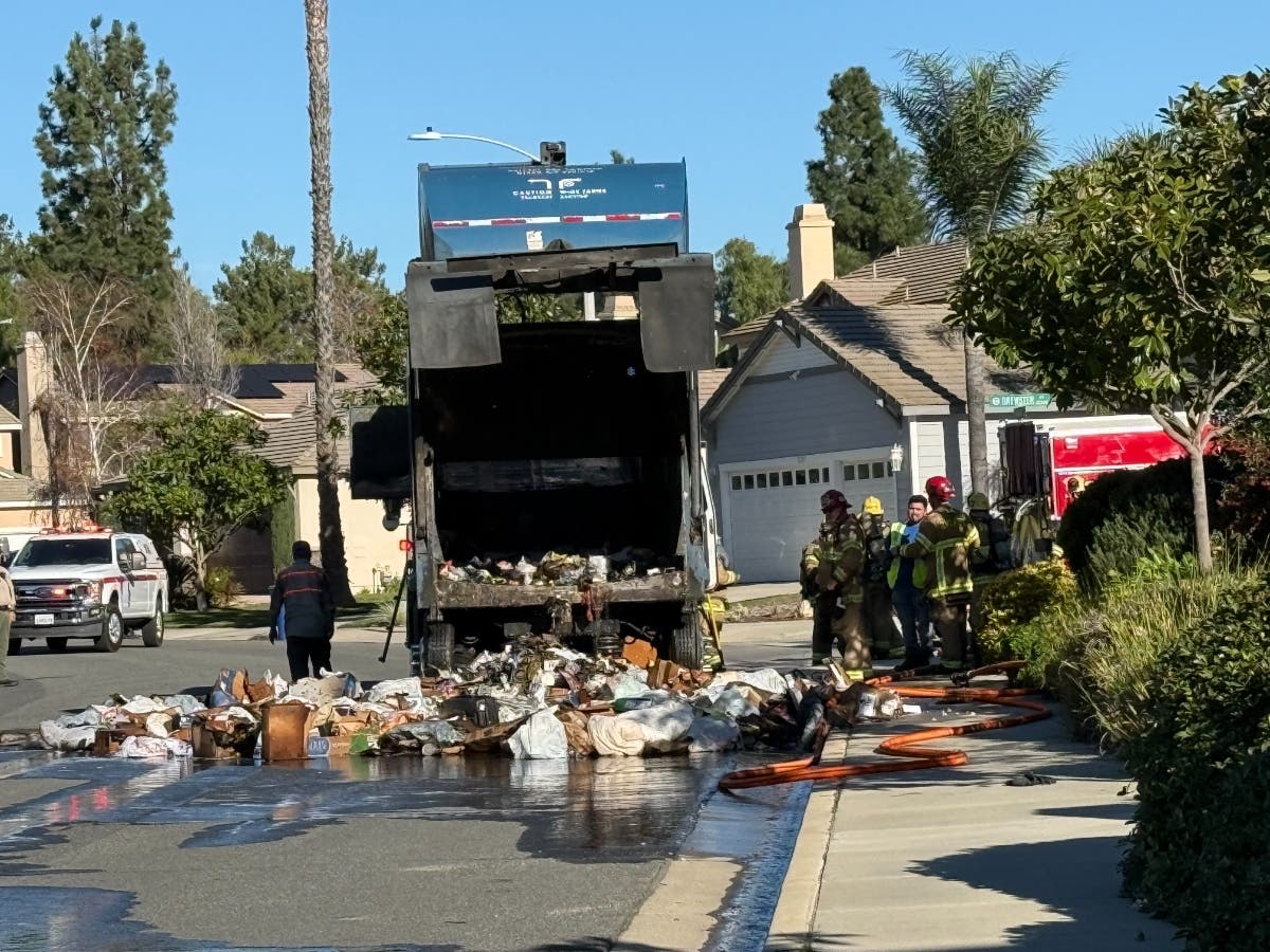 Trash truck ignites in Temecula neighborhood, street blocked for cleanup