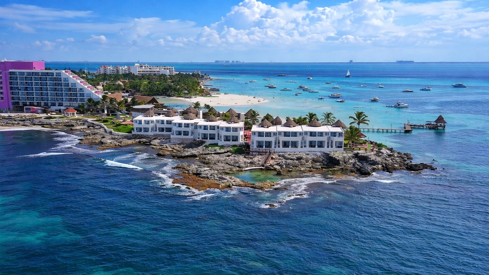 Turquoise waters and piers along a tropical shore