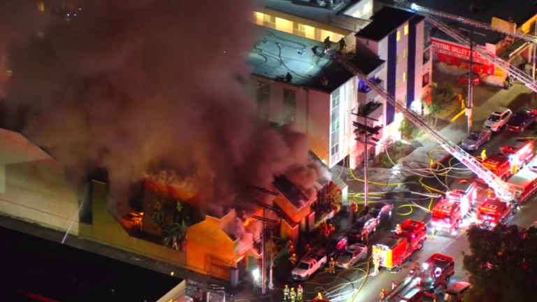 Large fire rips through vacant church in North Hills, threatening ...