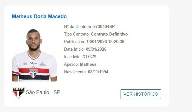 Dória é registrado no BID e fica livre para reestrear pelo São Paulo