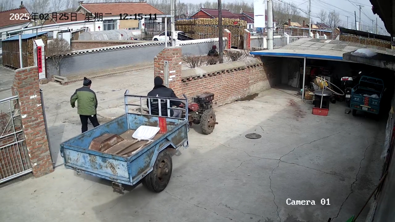Man carefully parks a two-wheel tractor with utility trailer in Beijing ...
