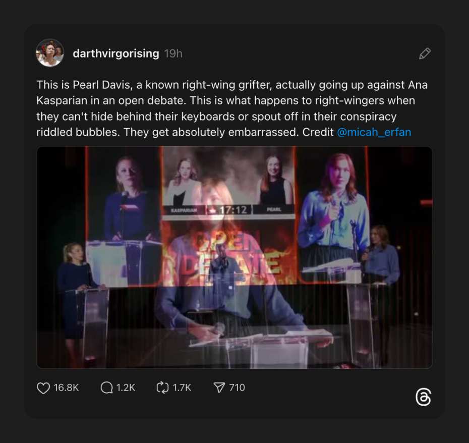 Watch right-wing grifter Pearl Davis fall apart in a live debate