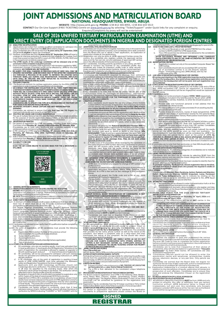 JAMB begins 2026 UTME, DE forms sale January 26, sets registration ...
