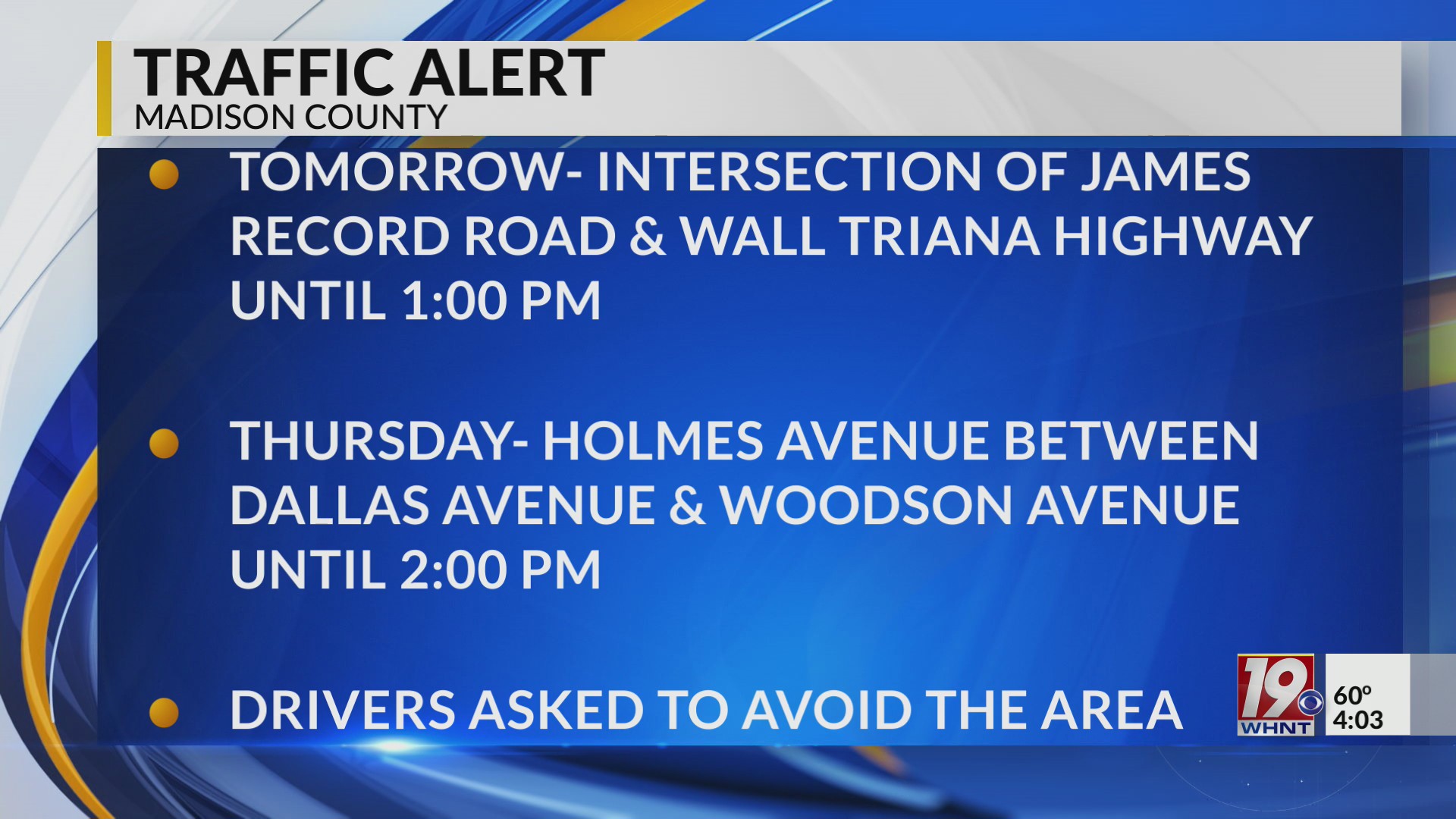 Huntsville Utilities issue traffic advisories for Wednesday and ...