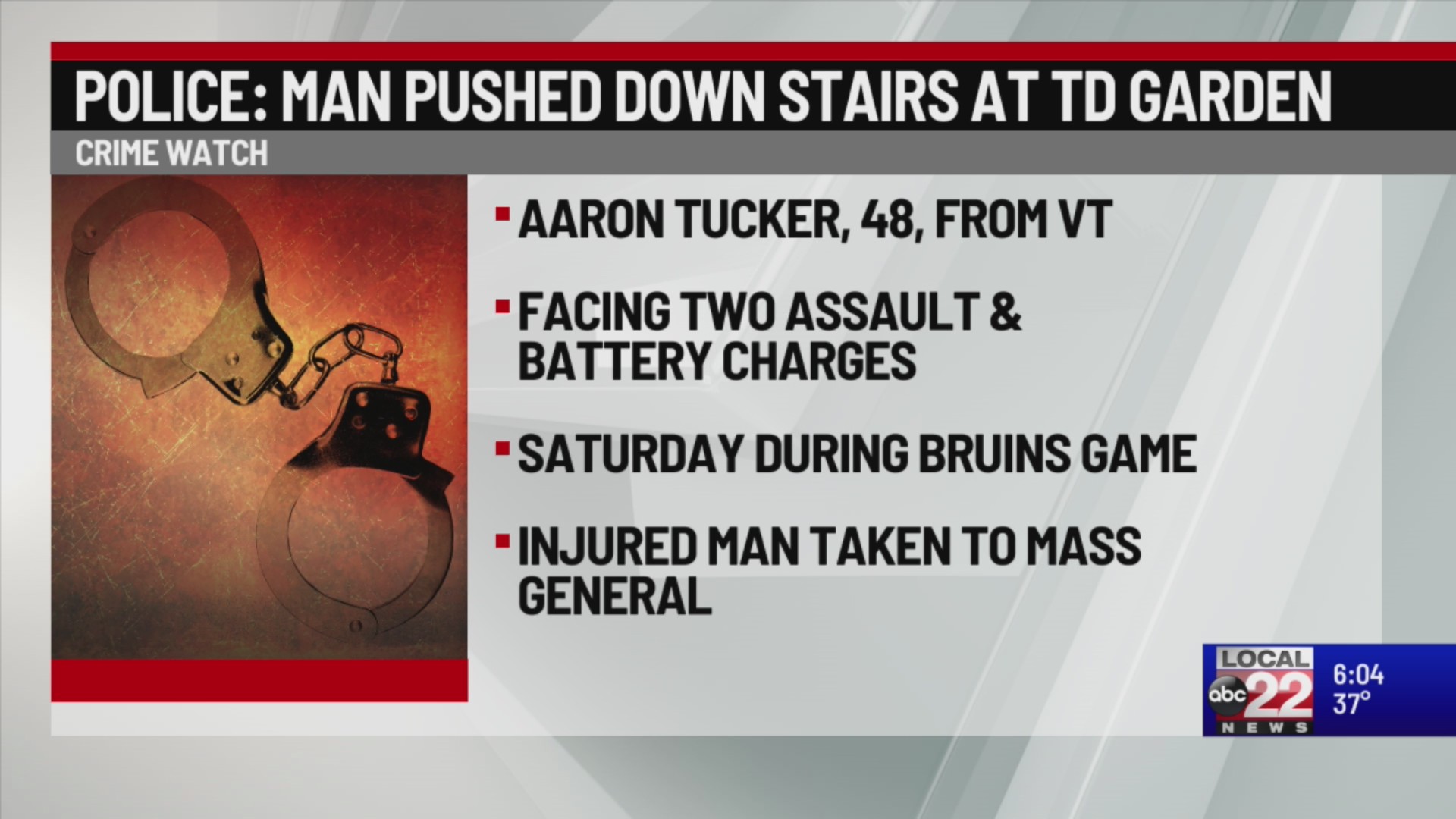 Vermont man facing charges after injury at Bruins game