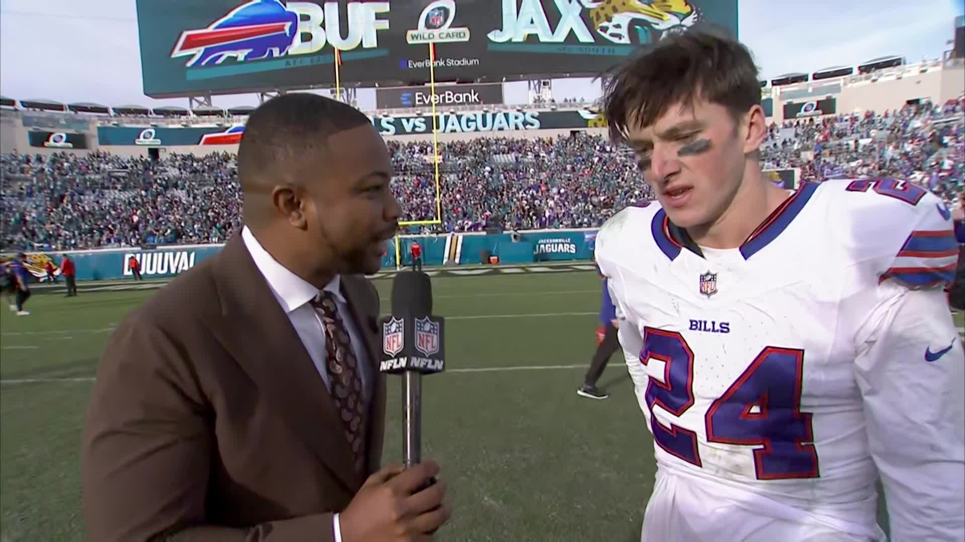 Cole Bishop reacts to game-sealing INT after Wild Card win vs. Jags