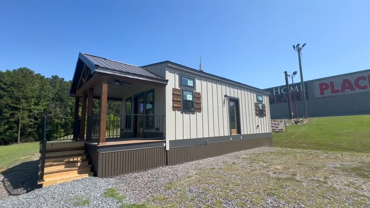 This cabin-style tiny home has the perfect setup